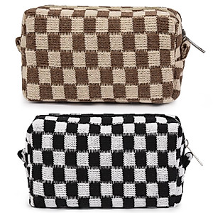 SOIDRAM 2 Pieces Checkered Cosmetic Travel Bags - Cute Makeup Pouch Organizers With Brush Storage for Women
