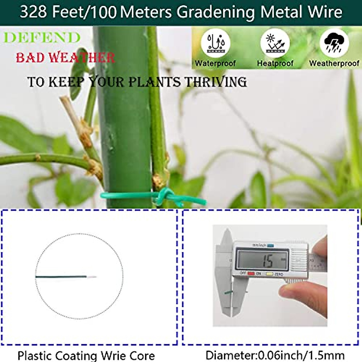 Cyauatt 328 Feet Diameter 0.06"/1.5mm Plant Twist Tie with Plastic Coated, Multipurpose Green Gardening Metal Wire,Garden Plant Training Wire Suitable for Gardening ,Home and Office