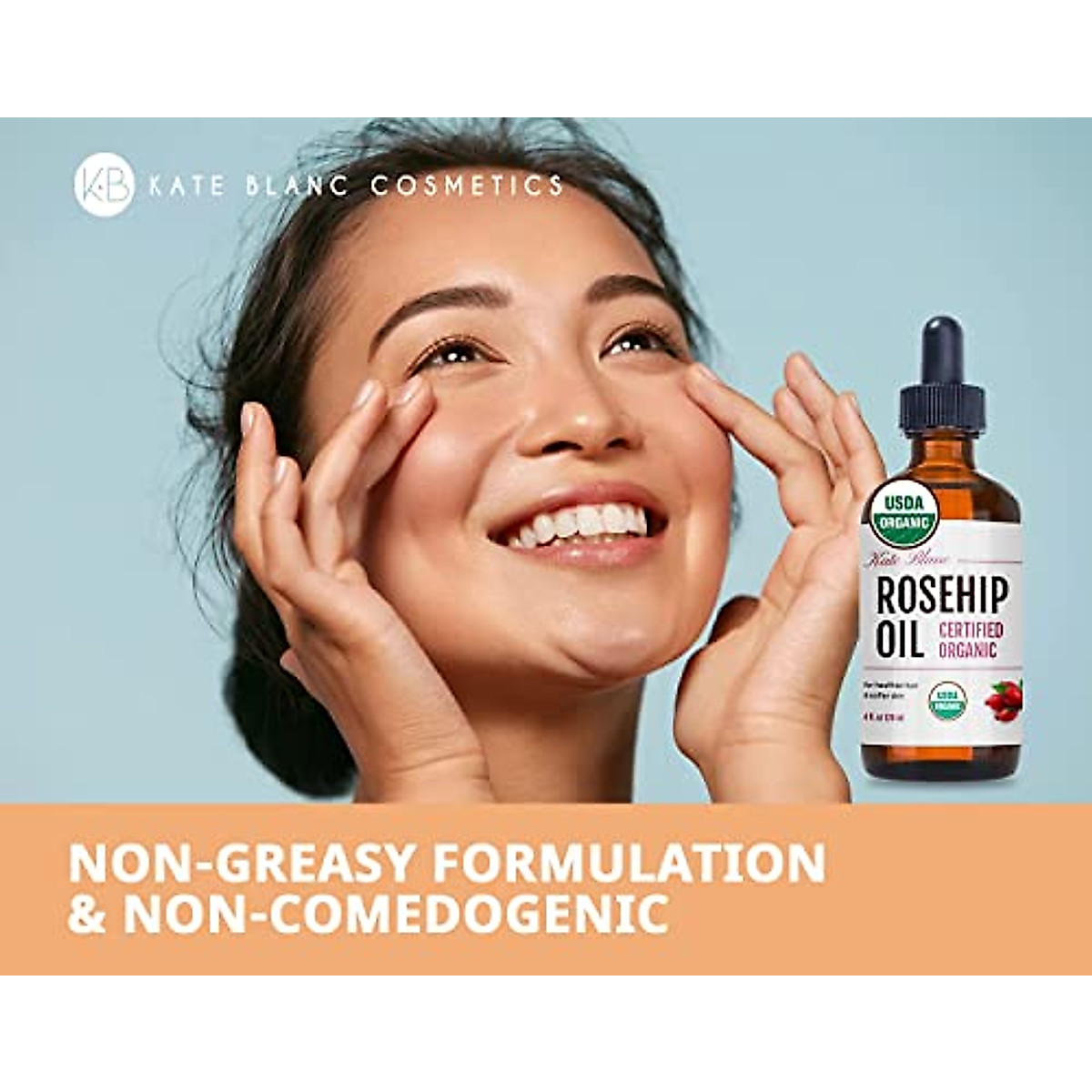 Kate Blanc Cosmetics Rosehip Oil for Face & Skin (4oz, Organic, Pure, Cold Pressed) Rosehip Seed Face Oil for Facial & Gua Sha Massage