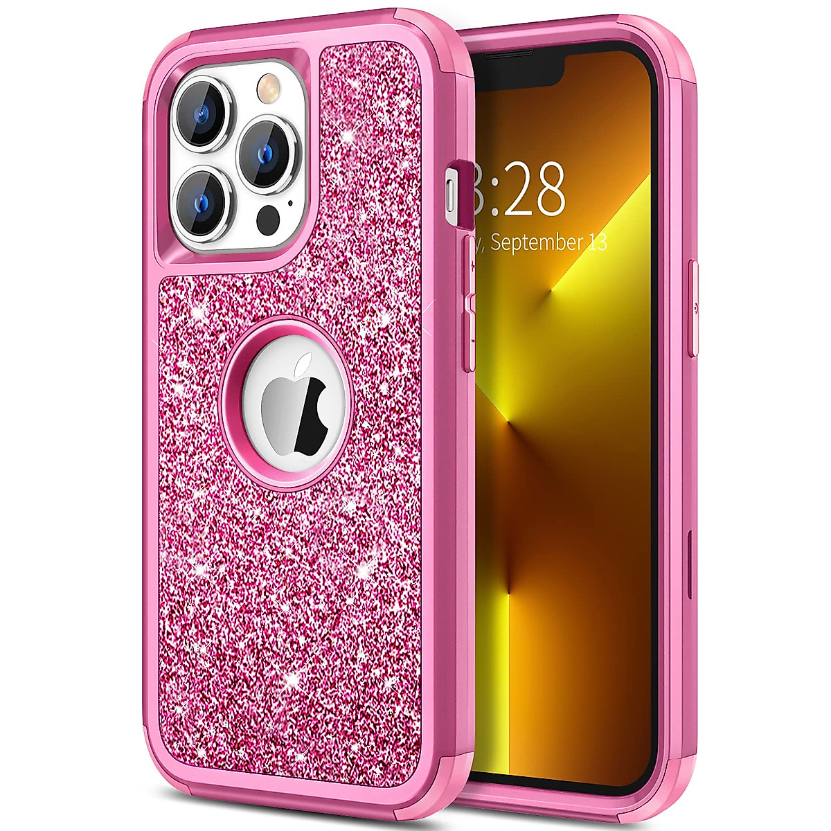 Hython Case for iPhone 13 Pro Max Case Glitter, Cute Shiny Bling Sparkle Cover, Heavy Duty 3 in 1 Hybrid Hard PC Soft TPU Bumper Full Body Shockproof Protective Phone Cases for Women Girls, Rose Red