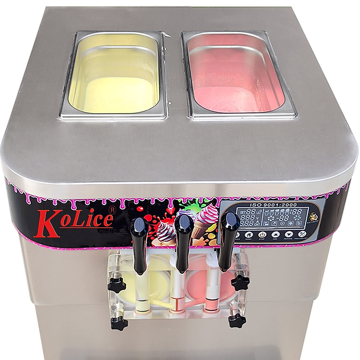 Kolice Commercial ETL 3 flavors soft ice cream machine,yogurt soft serve ice cream machine,ice cream machine-2+1 mixed flavors, full transparent dispenser,upper tanks refrigerated