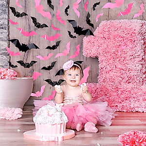 Whaline 224Pcs Halloween Wall Decoration 3D Bats with Foam Adhesive Black Pink Rose Red Waterproof Spooky Bats Stickers Hocus Pocus Party Supplies for Halloween Home Wall Window Door Decor, 4 Sizes