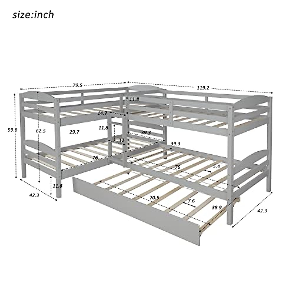 Quad Bunk Bed with Trundle L-Shape Bunk Bed Twin Over Twin Corner Bunk Bed for 4 or 5 Kids Boys Girls Teens, Gray