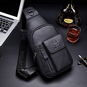 BULLCAPTAIN Mens Leather Crossbody Bag Shoulder Sling Bag Casual Daypacks Chest Bags for Travel Hiking Backpacks (Black)