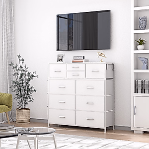 White Dresser for Bedroom, Bedroom Dressers & Chests of Drawer, White Closet Fabric Dressers, 10 Drawers Dresser w/Side Pockets, Hooks, Dresser Storage Organizer for Hallway, Entryway, Kids Room