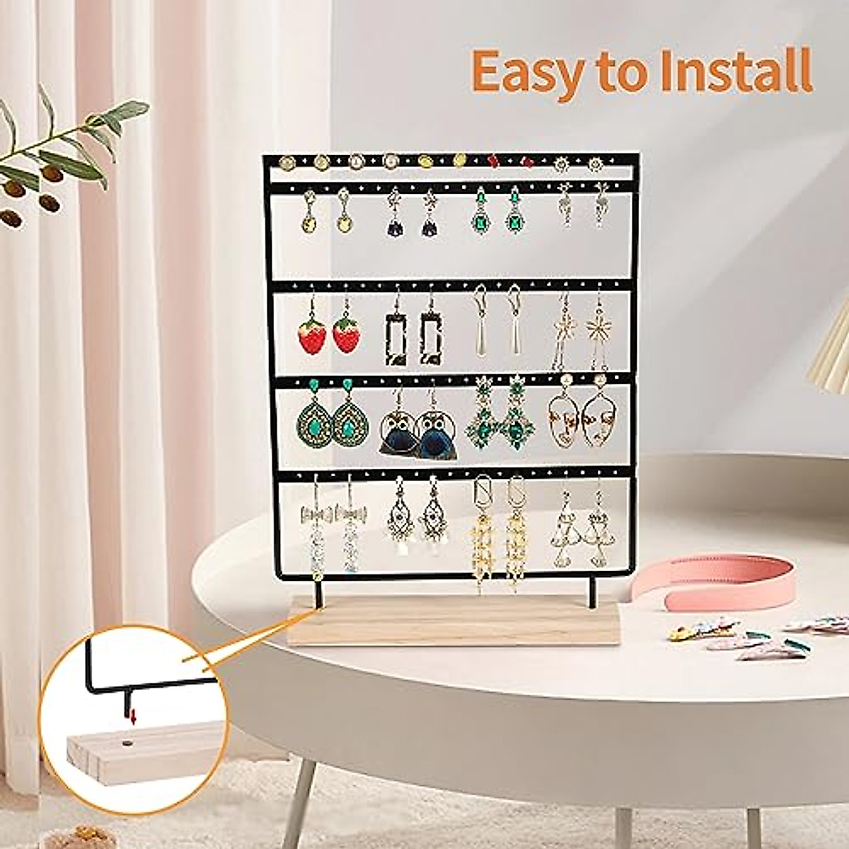 JAZUIHA Earrings Organizer Stand Earring Holder Display Stand with100 Holes 5 Tier Jewelry Organizer rack of Wooden Base Storing Earrings for Girls (Black)