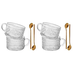 BTGLLAS 400ML Vintage Coffee Mugs With Metal Spoon Glass Coffee Cup 13 Oz Set of 4 Clear Embossed Engrave Tea Cups Beverage,Latte,Anniversary, Valentine,Birthday,Christmas (2SETMUGS)