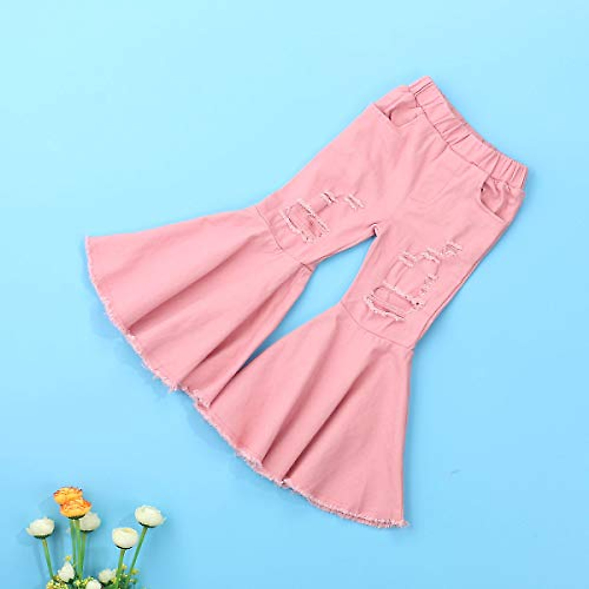 FIOMVA Toddler Baby Girls Flare Pants Solid Denim Ripped Jeans Ruffle Wide Leg Legging Trousers High Waist Bell Bottoms (C-Ripped Pink,4-5T)