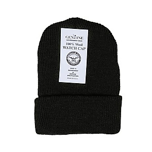 Warm Winter Watch Cap 100% Wool Beanie Made in USA to Military Specifications (1 Pack, Black)