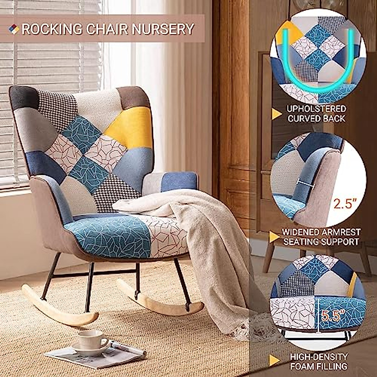 K Knowbody Rocking Chair Nursery, Boho Nursery Glider Rocker Modern Accent Chair for Bedroom, Living Room, Tufted Upholstered Armchair with Linen Fabric, Nursing Chairs for Mom and Baby, Warm Color