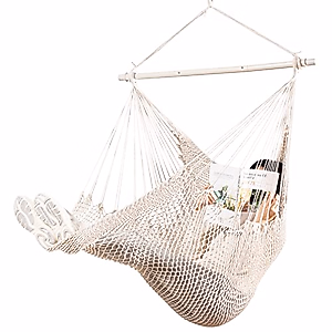 HBlife Hammock Chair Max 330 LBS Hanging Chair with Portable Metal Rod Handwoven Cotton Rope Hammock Swing for Bedroom Beige, Small