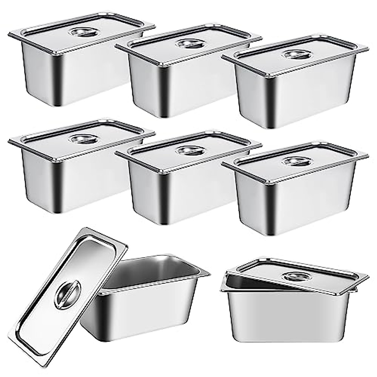 8 Packs Stainless Steel Hotel Pans 1/3 Size x 6" Deep Steam Table Pan with Lids Commercial Food Storage Containers Stackable Metal Steamer Pan Anti-Jam Hotel Pan Restaurant Warm Pans for Buffet Party