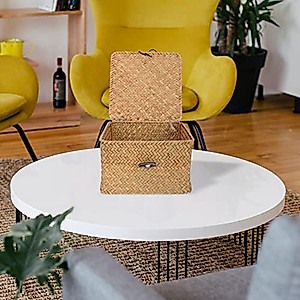 Straw Storages Baskets With Lid: Handwoven Wicker Storage Bins Square Household Organizer Boxes Shelf Wardrobe Organizer Case for Desktop Home Decoration