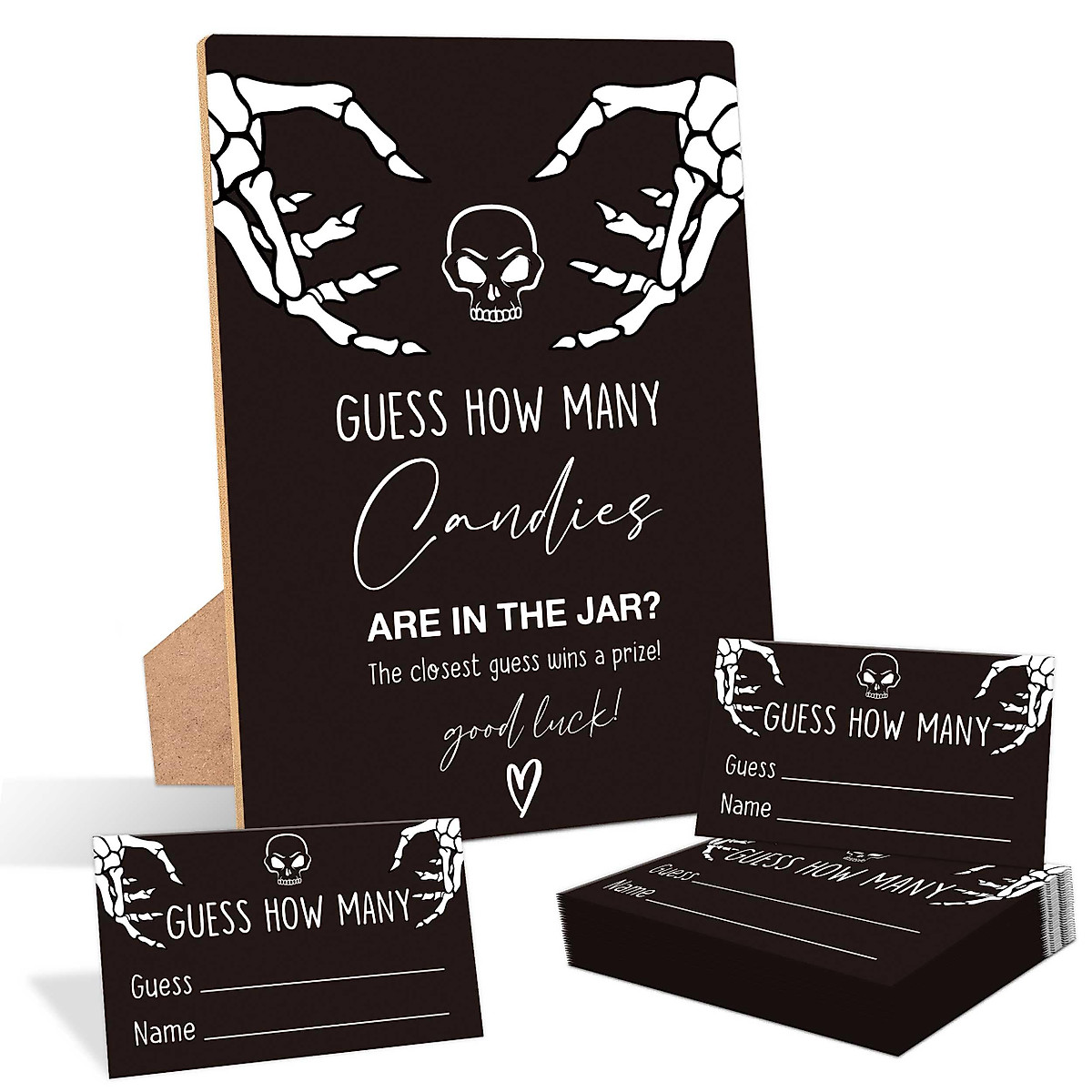 Halloween Guess How Many Candies Are In The Jar Game, Pack of 1 Wooden Tabletop Sign with Stand and 50 Guessing Cards, Black Gothic Baby Shower Game, Gender Reveal Party Decorations - WV03