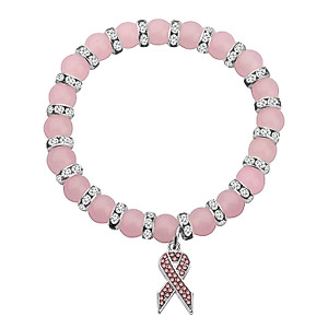 CENWA Breast Cancer Awareness Bracelet Pink Rhinestone Ribbon Charm Beads Bracelet Breast Cancer Support Gift (Breast Cancer Awareness Br)