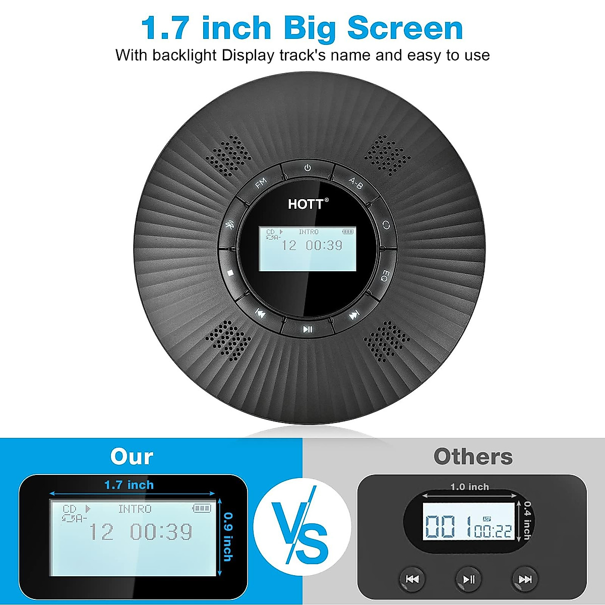 HOTT CD Player Portable with 4 Speakers, Portable CD Player with 5.3 Bluetooth and FM Transmitter with Big LCD Screen Rechargeable 1800mAh Small Walkman CD Players with Headphones for Car Home Travel