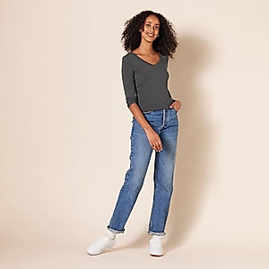 Amazon Essentials Women's Classic-Fit 3/4 Sleeve V-Neck T-Shirt (Available in Plus Size), Charcoal Heather, Medium