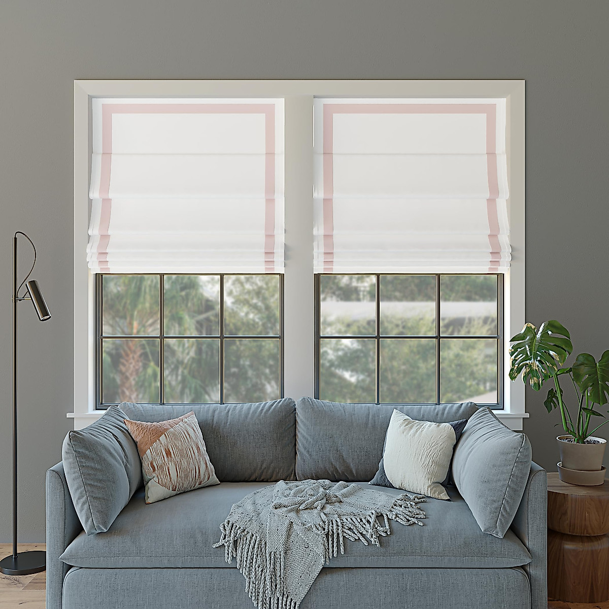 Sun Zero Marline Pink Ribbon Border Stripe 100% Blackout Cordless Roman Shade, 35" x 64", Pink/White