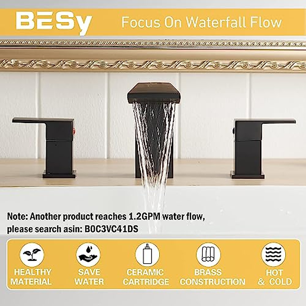 BESy Matte Black Bathroom Faucet 3 Holes Two Handles Lavatory Vanity Sink Faucet Widespread 8 Inch Bathroom Sink Faucet, Waterfall Bathroom Sink Faucet with Supply Hoses, Stainless Steel Faucet