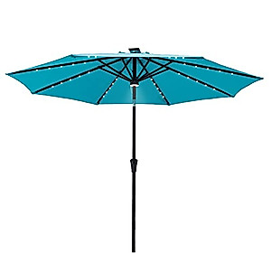 FLAME&SHADE 10 ft Solar Powered Outdoor Market Patio Table Umbrella with LED Lights and Tilt, Aqua Blue