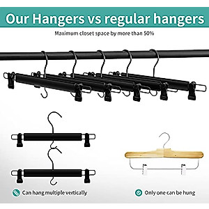 Perfecasa Premium Wooden Pants Hangers 10 Pack, Skirt Hangers with Noise Canceling Hook, Two Sure Grip Clips (Black Color)