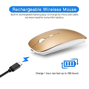 Bluetooth Wireless Mouse, Dual Mode Slim Rechargeable Wireless Mouse Silent Cordless Mouse with Bluetooth 4.0 and 2.4G Wireless, Compatible with Laptop, PC, Windows Mac Android OS Tablet (Gold)