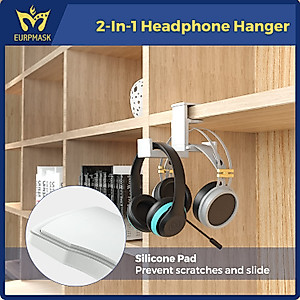 Dual Headphone Stand Holder - EURPMASK 2 in 1 PC Gaming Headset Hooks, 360 Degree Rotating Headphone Hanger with Adjustable Clamp & Cable Clip Organizer, Headset Mount Under Desk Earphone Clamp-White