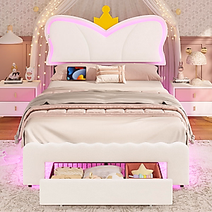 VIAGDO Twin Bed Frames with LED Lights and Storage Drawer, Upholstered Bed Frame Twin Size with Height Adjustable Crown Headboard, Type C and USB Charging Ports, No Box Spring Needed, White