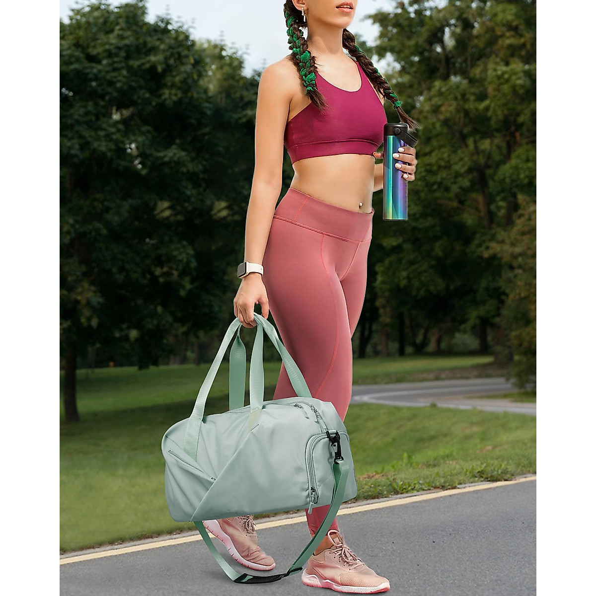 Unineovo Green 30L Gym Duffel Workout Bag with Trolley Sleeve Wet Pocket Shoes Toiletry Bag Overnight Weekender Bag