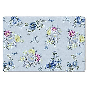 Kitchen Cushioned Mat and Rugs, Spring Red Flowers Floral and Bird Blue Texture Floor Mat, Anti-Fatigue Non-Slip Standing Mat for Living Room Bedroom Laundry Office 20X32Inch