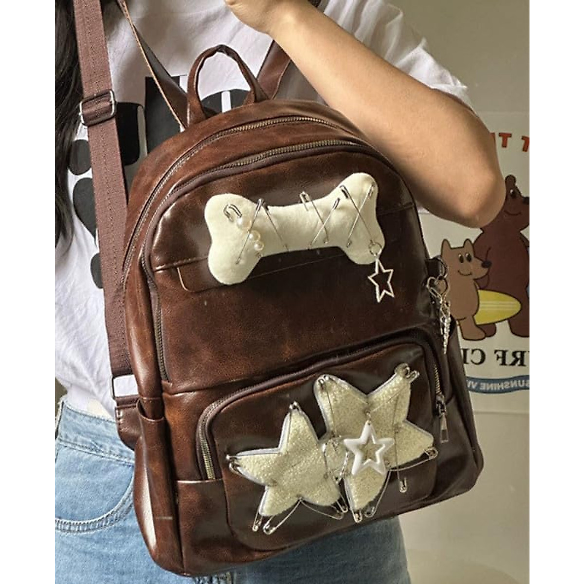 Hopecn Y2K Backpack With Accessories Star Aesthetic PU Goth Bookbag 90s Vintage Fashion Grunge Travel Daypack. (Star1-Brown1)