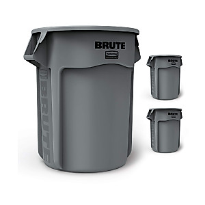 Rubbermaid Commercial Products BRUTE Heavy-Duty Trash/Garbage Can, 55-Gallon, Gray, Wastebasket for Home/Garage/Bathroom/Outdoor/Driveway, Pack of 3