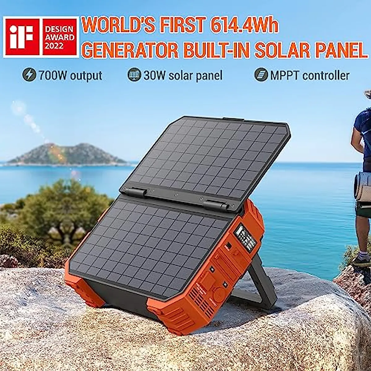 BROWEY Portable Power Station with 30W Solar Panel, 614.4Wh LiFePO4 Battery Backup,110V/600W(Peak 1200W) Pure Sine Wave AC Outlet, Solar Generator for Outdoor Camping, RV Travel（Orange)