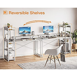 ODK Computer Desk with Storage Shelves and Monitor Stand, 55 Inch Writing Desk with Bookshelf, Reversible Study Table for Home Office, Small Space Bedroom, White