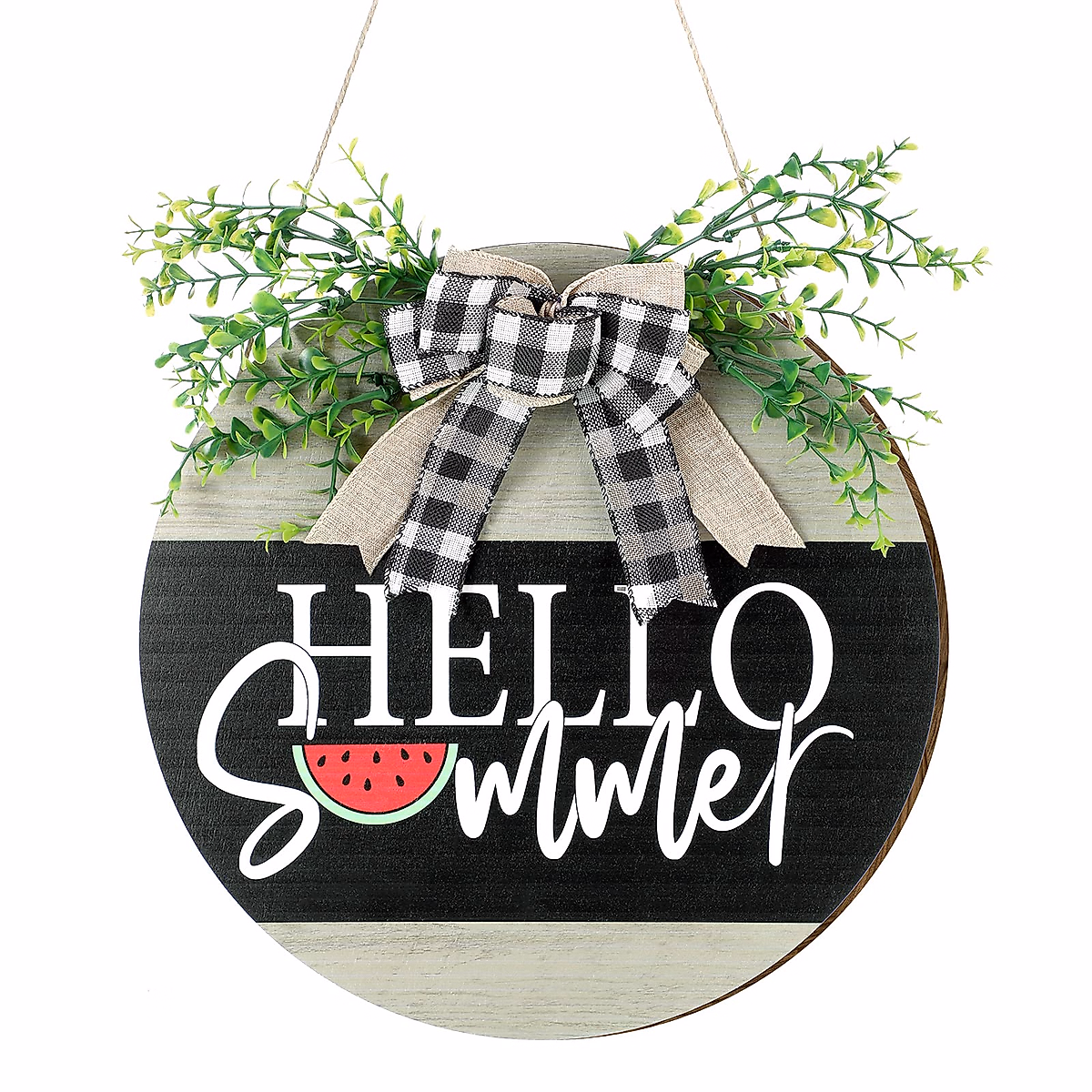 Jetec Hello Summer Sign Wood Door Hanger Rustic Watermelon Plaque Porch Decor Wooden Round Hello Summer Sign with Burlap Bow Wreaths for Summer Home Farmhouse Porch Garden Yard Decoration