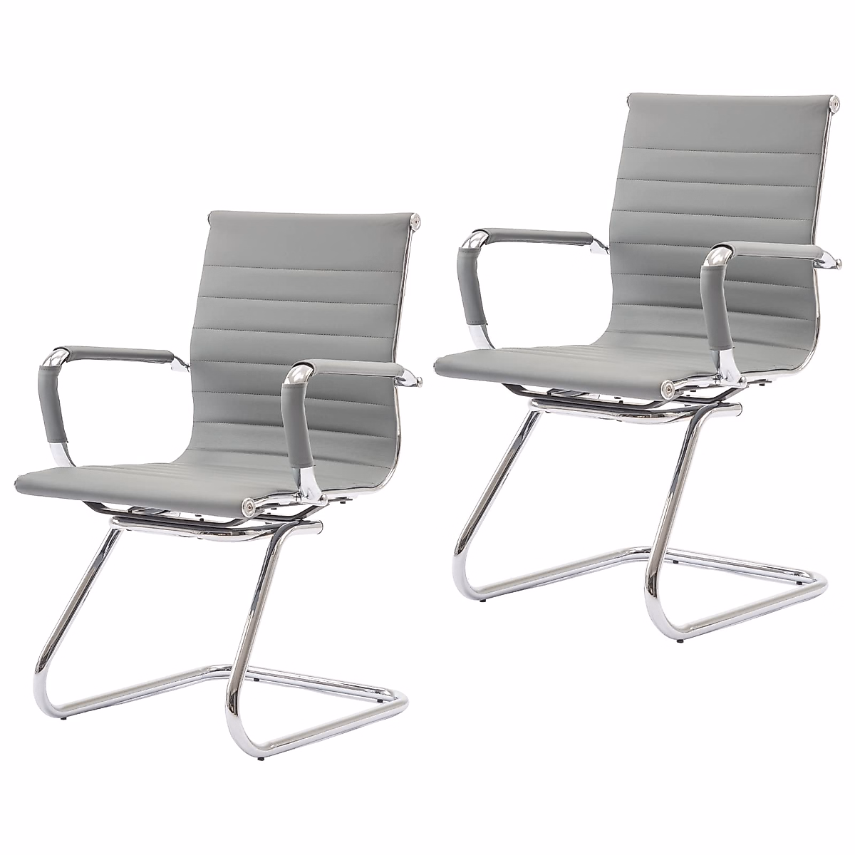 CIMOTA Waiting Room Chairs Leather Office Guest Chair Mid Back Reception Chairs with Sled Base for Meeting/Patient/Conference Room, Grey Set of 2