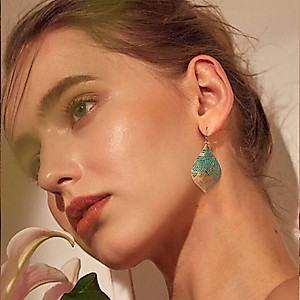 TIANBANGSHI Handmade Vintage leaf Earrings Bohemian Hammered & Engraved Earrings Unique Antique Silver Gold Tribal Ethnic teardrop Shaped Drop Dangle Earrings for Women Jewelry (gold)