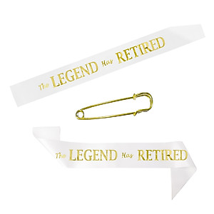 The Legend Has Retired Sash – Elegant White and Gold Foil Legendary Sash for Both Women and Men & a Large Gold Safety Pin. Perfect for Retirement Parties by JPACO