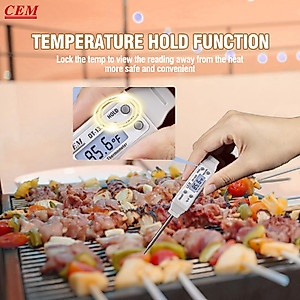 CEM Instant Read Digital Meat Thermometer for Food, Bread Baking, Water and Liquid. Waterproof and Long Probe with Meat Temp Guide for Cooking, Display with Backlit (White), DT-133A