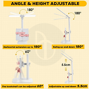 Desk Lamp with Book Stand: Bright LED Reading Lamp, Adjustable Dimmable Dual Swing Arm Eye-Caring Desk Lamp, Table Desk Light with Adjustable Book Stand for Home, Office, Bedroom, Work, Study