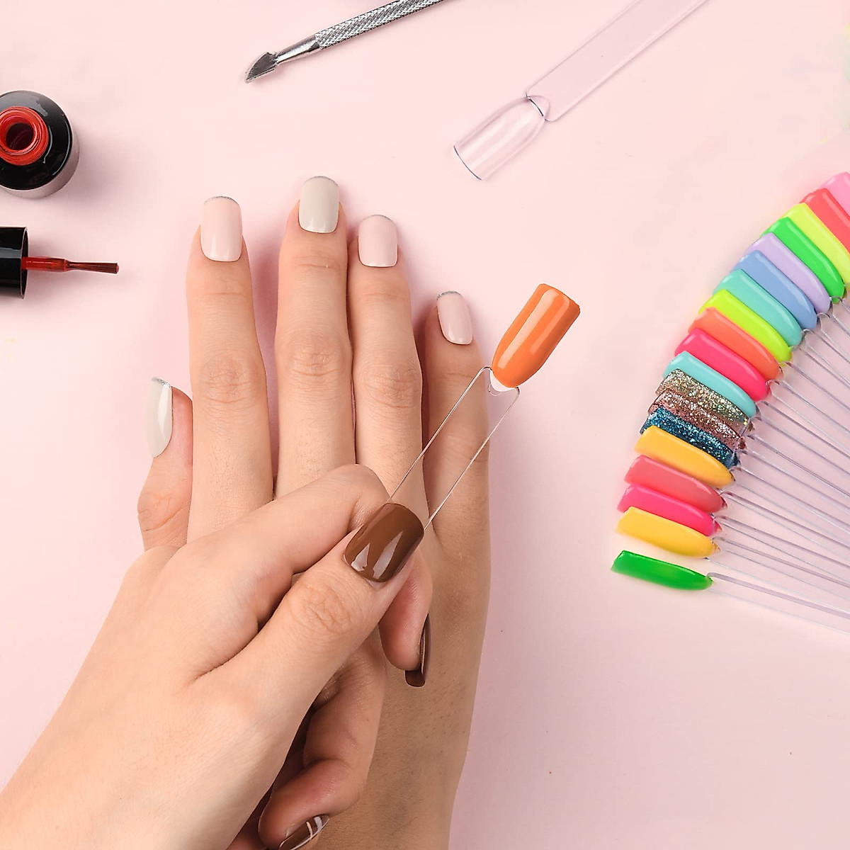 AZUREBEAUTY 50 Pcs Nail Color Sticks with Ring, Clear Fan Shape Nail Art Polish Display Tips, False Nail Sample Sticks, Nail Practice Color Display, Transparent nail Practice-Tips for Manicure