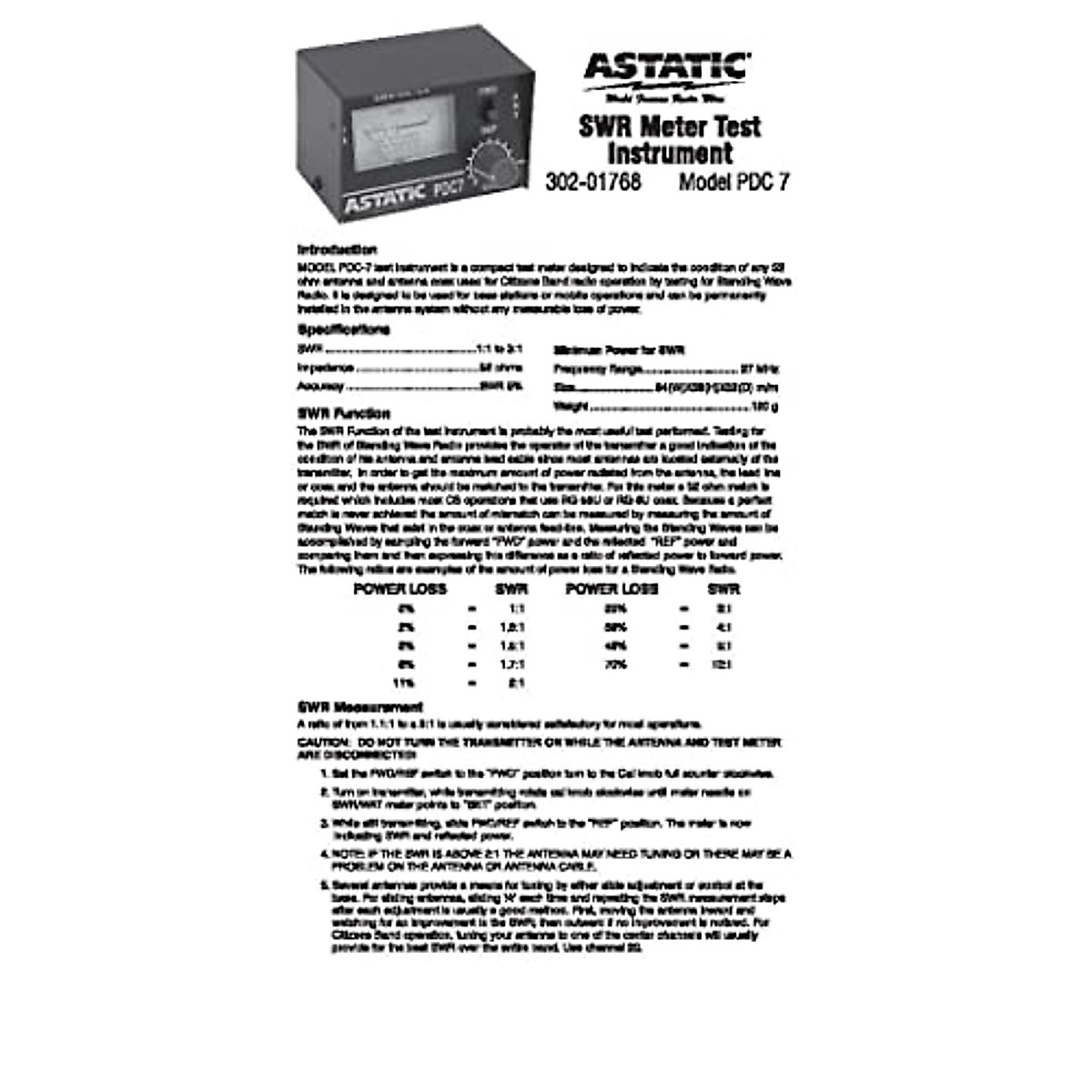 Astatic 302-01768 PDC7 Compact SWR Meter, Black