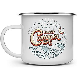 Happy Camper Enamel Mug, Outdoor Camping Coffee Cup, Hiking Mountain Nature Lover Gift (16oz)