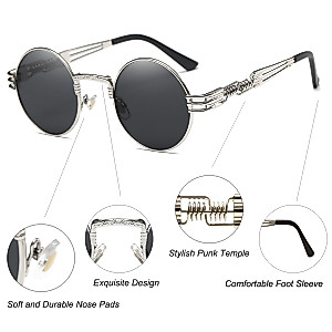 Dollger Round Sunglasses Steampunk Metal Classic Frame Mirror Lens(C1:Black Lens+ Silver Frame)