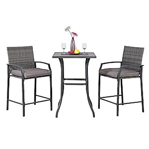 OC Orange-Casual 3-Piece Patio Bar Set, All-Weather Wicker High Top Outdoor Table and Chairs, 2 Height Rattan Bar Stools with Wood Grain Top Coffee Table, for Porch, Garden, Bistro, Grey Cushion