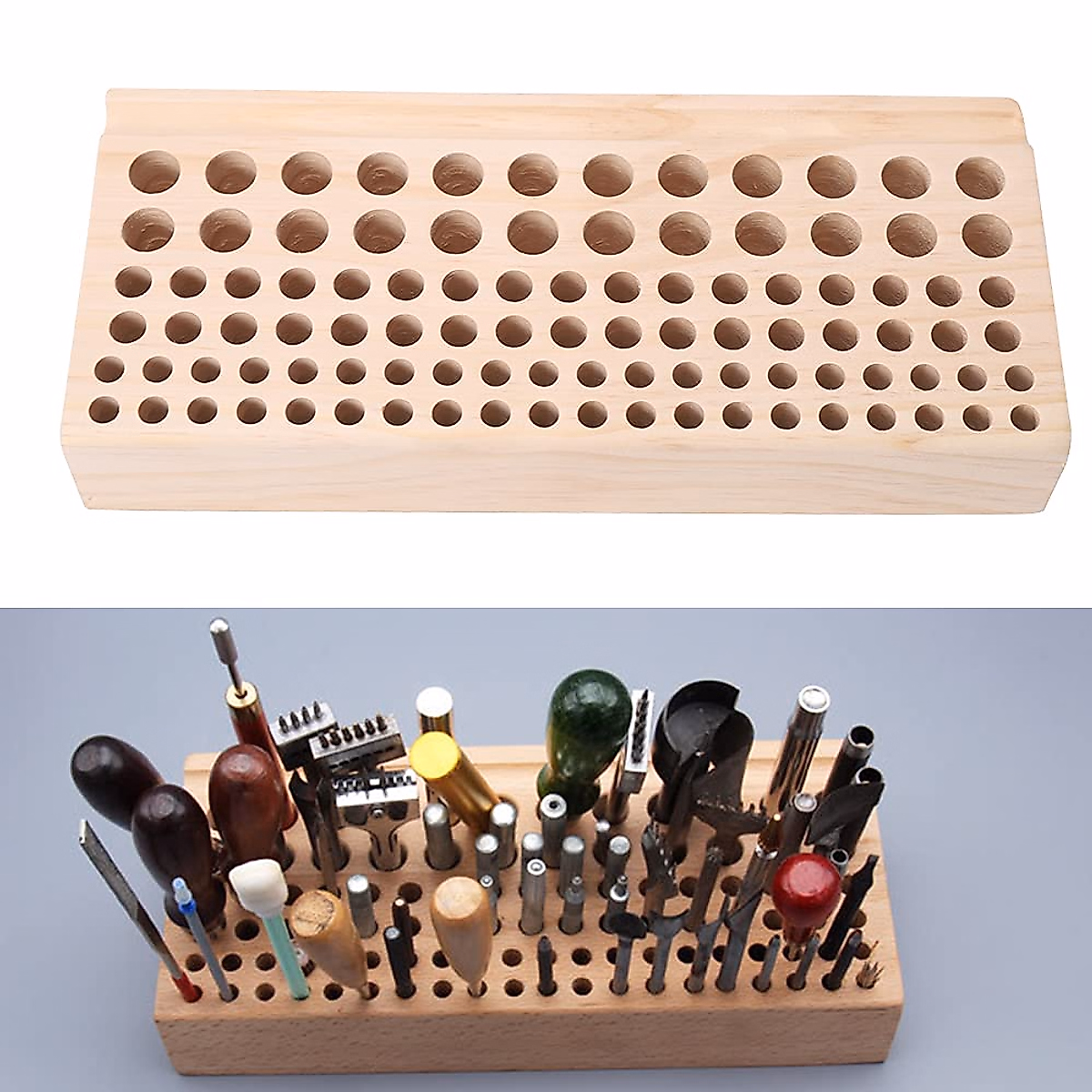 DIY Craft Organizer: 98-Hole Wooden Leather Craft Tool Rack - Sturdy and Durable - Perfect for Storing and Displaying Wood Stamps, Leatherworking Tools, and More - Lightweight and Portable