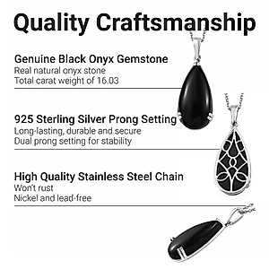 Shop LC Onyx Necklace in 925 Sterling Silver - Black Teardrop Pendant Necklaces for Women - Handmade Silver Boho Pendant - December Birthstone Necklace with Stainless Steel Chain - 20" Necklace