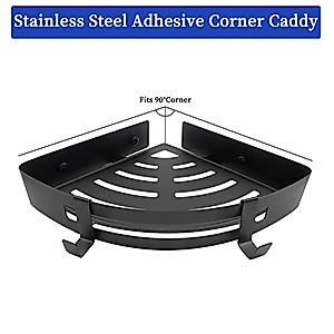 suiwotin 2 Packs Adhesive Bathroom Corner Shower Caddy, Stainless Steel Bath Corner Shelf, Wall Mounted Shower Rack with Hooks, Rustproof Shower Organizer Shelves for Kitchen, Bedroom (Matte Black)