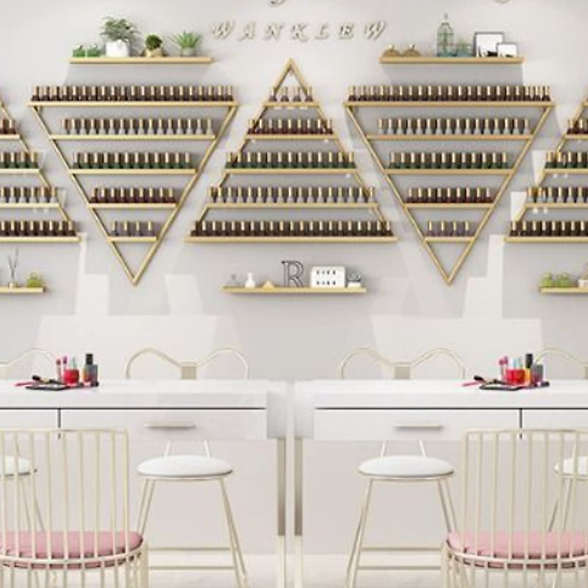 6PCS Metal Wall-mounted Nail Polish Display Rack,5 Tiers Christmas Gold Triangular Display Rack Cosmetic Display Cases Essential Oil Bottles Shelf Organizer for Home Spa Nail Salon