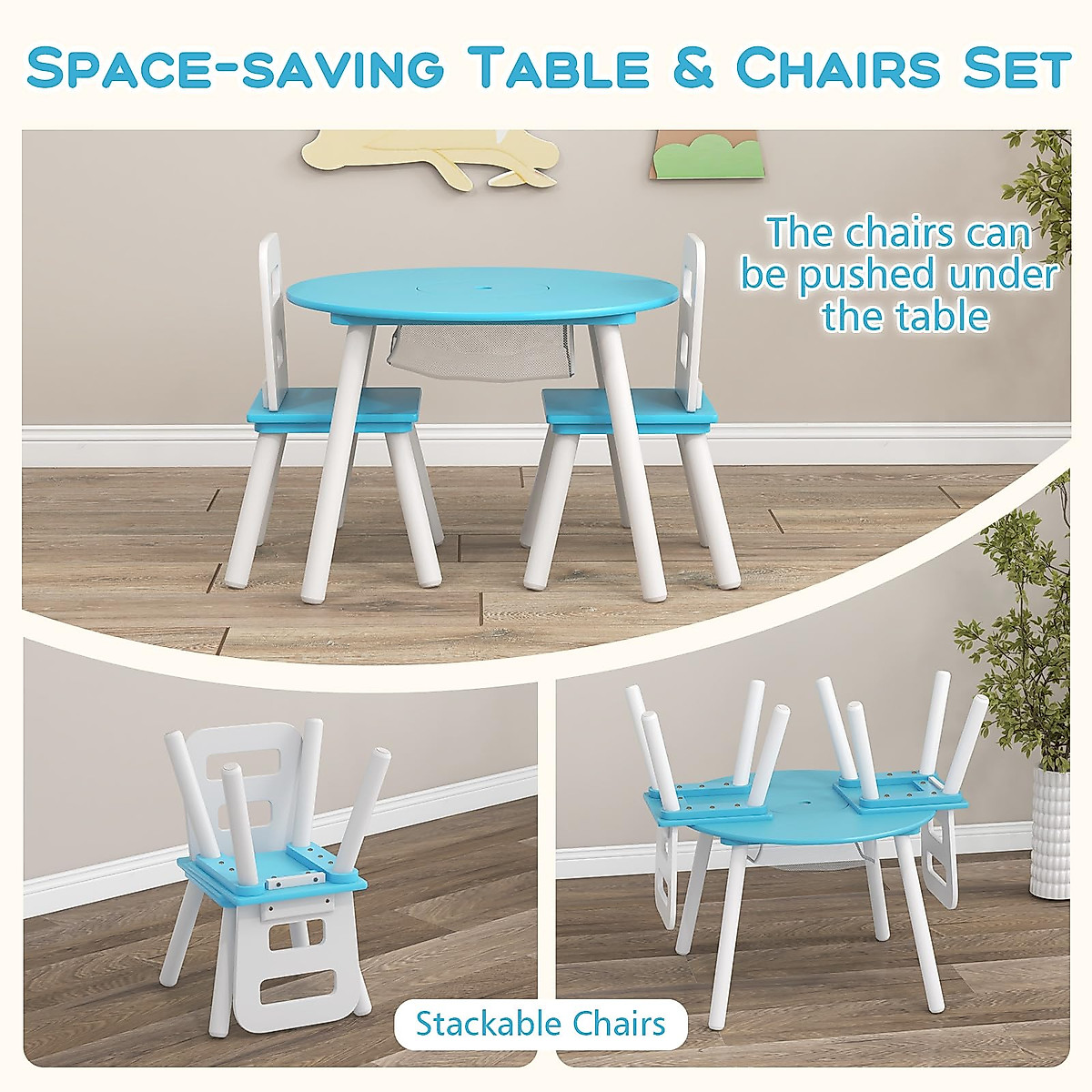Costzon Kids Table and Chair Set, Wood Activity Table w/Center Mesh Storage, Children Furniture Gift for Boys & Girls, Ideal for Arts, Crafts, Snack Time, Homework, Toddler Table and Chair Set, Blue